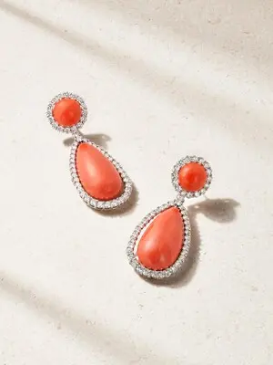 ELEUTERI Vintage 1980s Platinum, Coral, And Diamond Drop Earrings - Orange