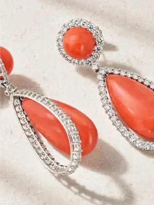 ELEUTERI Vintage 1980s Platinum, Coral, And Diamond Drop Earrings