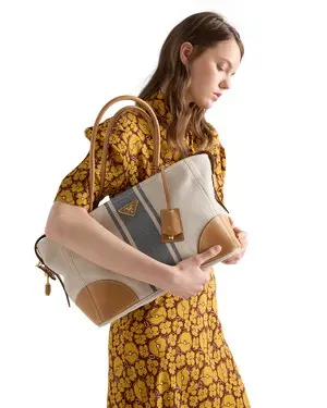 Prada Large Canvas And Leather Tote Bag - Neutral