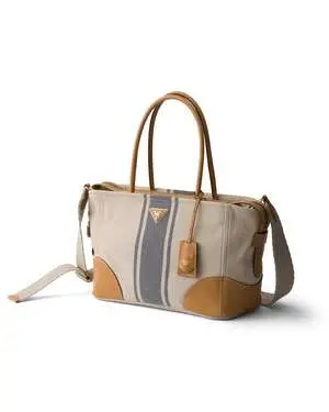Prada Large Canvas And Leather Tote Bag - Neutral