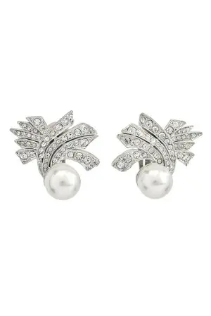 KENNETH JAY LANE Crystal Flare Clip Earrings With Pearl Centers - Silver