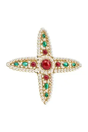 KENNETH JAY LANE Satin Gem And Pearl Cross Pin - Gold