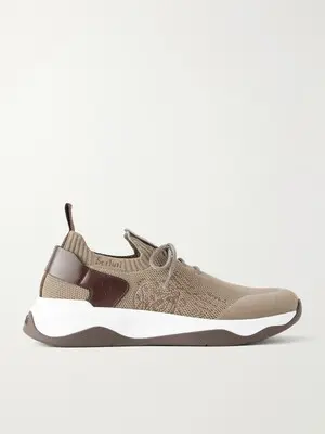 Berluti Shadow Leather-trimmed Stretch-knit Sneakers - Neutrals