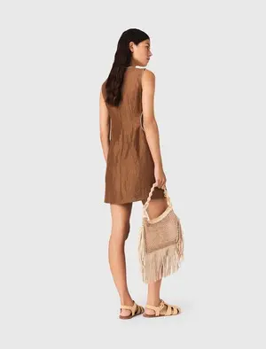 Maje Short Linen Blend Dress With Rhinestone Embellishments
