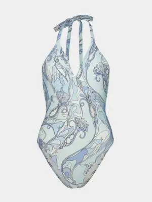 Emilio Pucci Pale Orchidee Print Halterneck One-piece Swimsuit