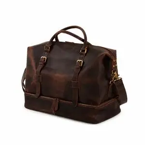 TOURI Genuine Leather Holdall Weekender With Extra Compartment - Brown