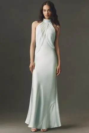 Bhldn Chiffon Satin Halter-neck Gown - Light Blue
