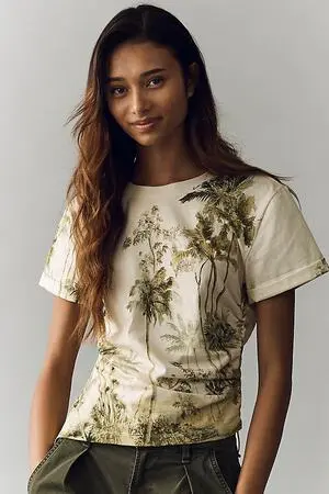 Anthropologie Cotton Ruched Asymmetric Tee - Ivory Pattern