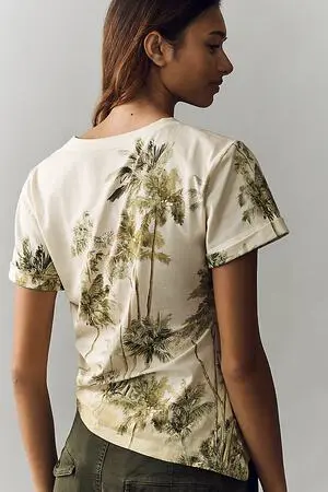 Anthropologie Cotton Ruched Asymmetric Tee - Ivory Pattern