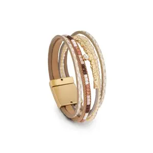 Saachi Leather Bracelet With Gold Tone And Crystal Embellishments