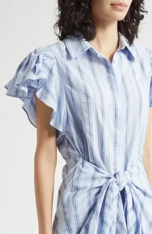 Cinq À Sept Striped Ruffle Sleeve Mini Shirt Dress With Tie Waist