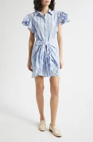 Cinq À Sept Striped Ruffle Sleeve Mini Shirt Dress With Tie Waist