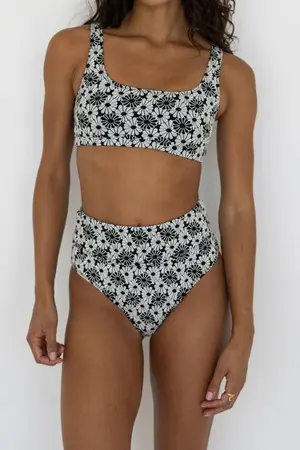 Geode Swimwear Daisy High-waisted Floral Bikini Bottoms - Black