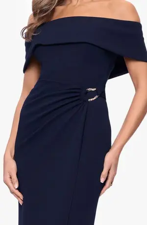 XSCAPE EVENINGS Off-the-shoulder Scuba Crepe Gown With Hardware Detail