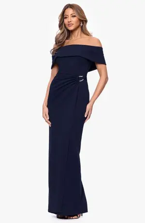 XSCAPE EVENINGS Off-the-shoulder Scuba Crepe Gown With Hardware Detail