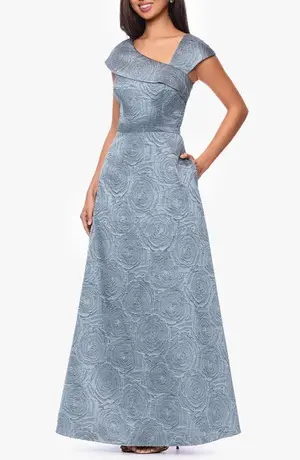 XSCAPE EVENINGS Floral Brocade Asymmetric Neck Gown