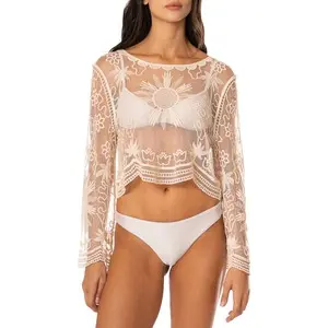 MAAJI Sunroot Suneny Sheer Embroidered Cover-up Top - Light Beige