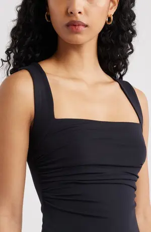 OPEN EDIT Ruched Square Neck Tank - Black