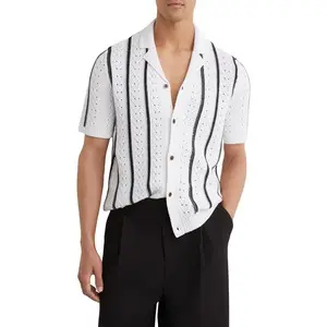 REISS Ellingham Textured Stripe Camp Collar Cardigan - White/navy