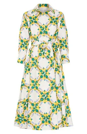 MILLY Lexi Print Tie Waist Midi Shirtdress - Yellow Multi