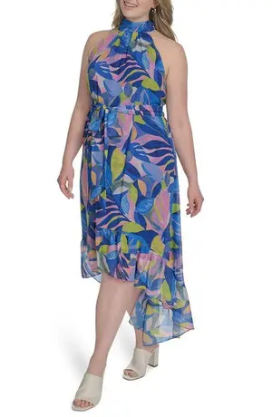 Eliza J Sleeveless High-neck Floral High-low Dress