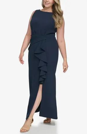 Eliza J Sleeveless Cascade Ruffle Gown