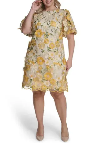 Eliza J Embroidered Floral Appliqué Cocktail Dress - Lemon Multi