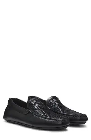 BOSS Noel Woven Leather Moc Toe Loafers - Black