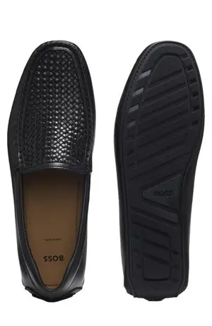 BOSS Noel Woven Leather Moc Toe Loafers - Black