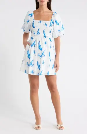 SUGARLIPS Bluebird Print Smocked Minidress - White Blue Combo