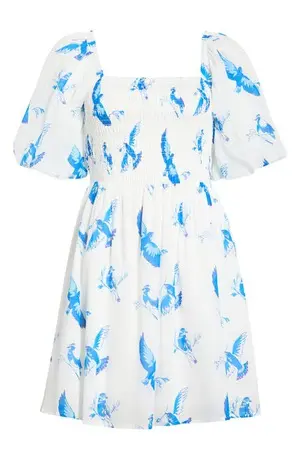 SUGARLIPS Bluebird Print Smocked Minidress