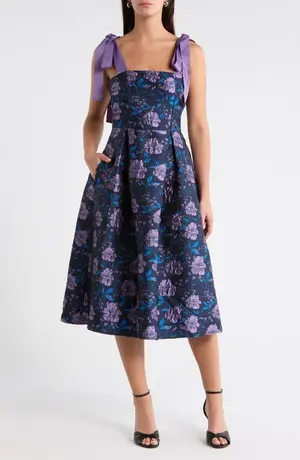 SUGARLIPS Willa Floral Dina Pleated Midi Dress - Navy-multi