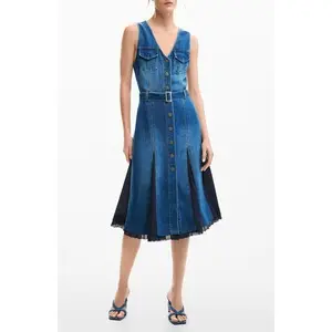 Desigual Sleeveless Denim Dress With Pleated Skirt And Lacy Trim