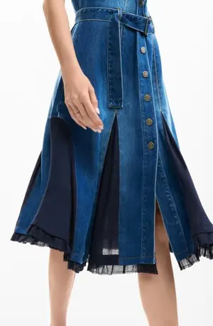 Desigual Sleeveless Denim Dress With Pleated Skirt And Lacy Trim