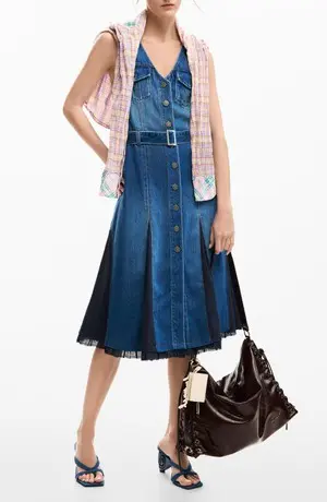 Desigual Sleeveless Denim Dress With Pleated Skirt And Lacy Trim