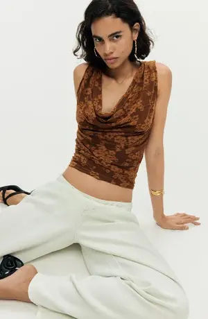 Desigual Sleeveless Cowl Neck Top With Textured Floral Print
