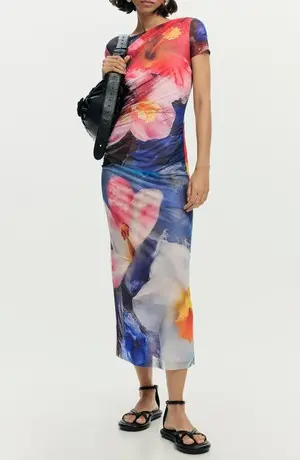 Desigual Short Sleeve Floral Print Ruched Dress