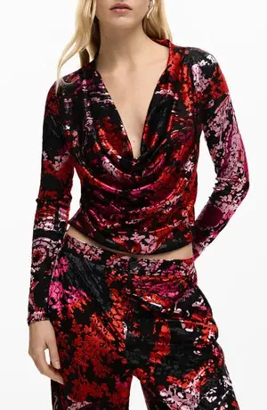 Desigual Floral Print Cowl Neck Long Sleeve Shirt