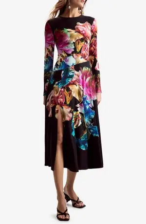 Desigual Floral Print Long Sleeve Midi Dress With Slit