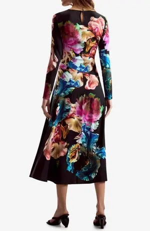 Desigual Floral Print Long Sleeve Midi Dress With Slit