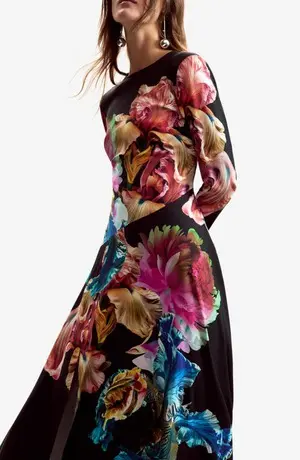 Desigual Floral Print Long Sleeve Midi Dress With Slit