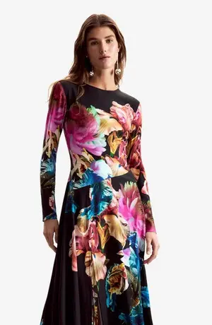 Desigual Floral Print Long Sleeve Midi Dress With Slit