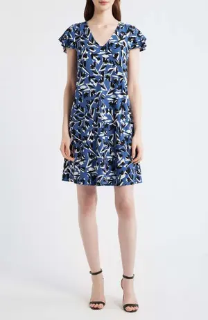Anne Klein Abstract Floral Print V-neck Flutter Sleeve Dress