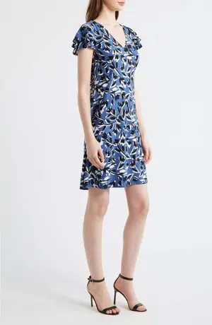 Anne Klein Abstract Floral Print V-neck Flutter Sleeve Dress