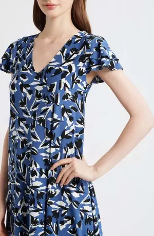 Anne Klein Abstract Floral Print V-neck Flutter Sleeve Dress