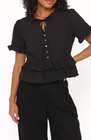 PETAL & PUP Sorcha Button-up Peplum Top With Ruffle Trim - Black