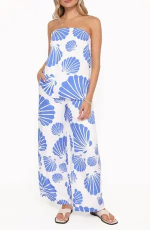 PETAL & PUP Strapless Top & Wide Leg Pants Set - Blue Shell