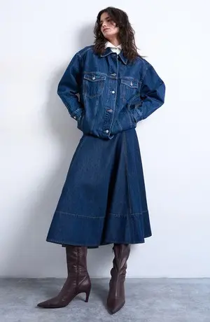 Topshop Dropped Waist Denim A-line Skirt - Medium Blue