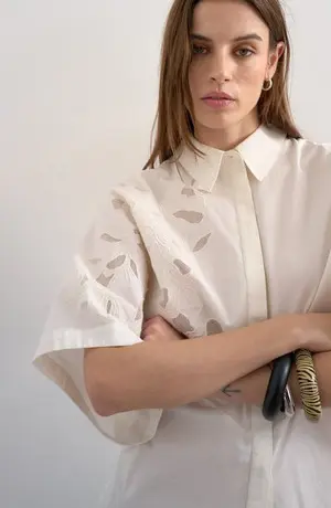 Topshop Oversized Floral Cutwork Button-up Top
