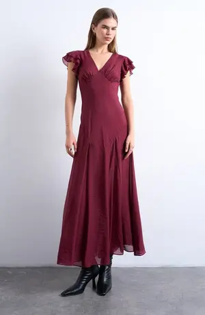 Topshop Flutter Sleeve Georgette Midi Dress - Red